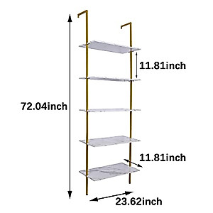 Cavoba Modern Ladder Shelf, 5-Tier Open Wall-Mounted Bookshelf, Plant Flower Stand Utility Organizer Bookcase (Gold/White)