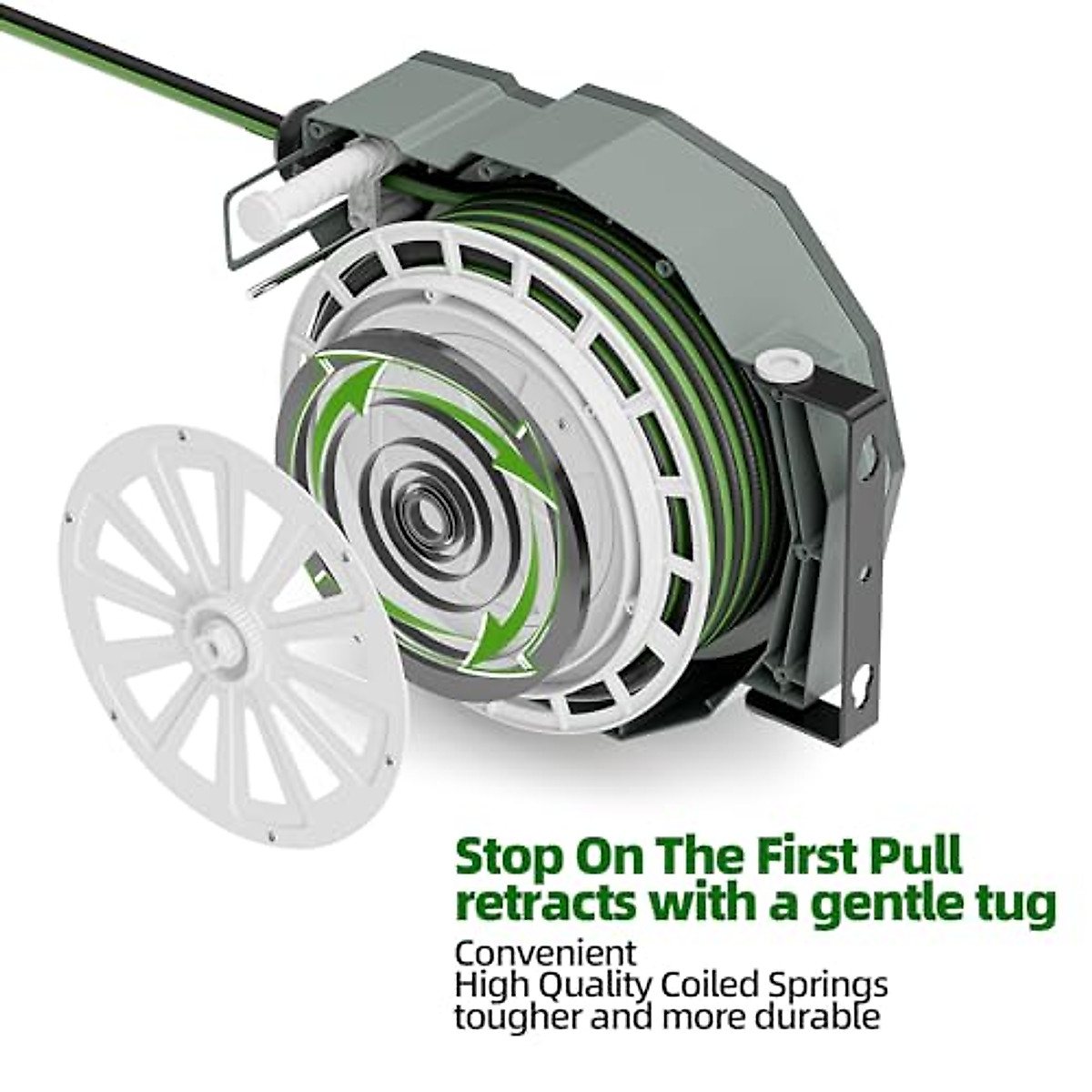 SPECILITE Retractable Heavy Duty Garden Hose Reel, 1/2" X 66 + 5 FT 2 Year Anti-Fading Wall Mounted Hose Reel, Smooth Automatic Rewind, 9 Pattern Sprayer, 180° Swival Bracket, Any Length Lock