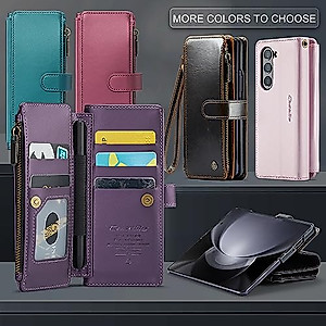CaseMe for Samsung Galaxy Z Fold 5 Case with S Pen Holder, Z Fold 5 Wallet Case with Card Holder for Women Men, RFID Blocking Kickstand Zipper Shockproof Phone Case for Galaxy Fold 5, Luxury Coffee