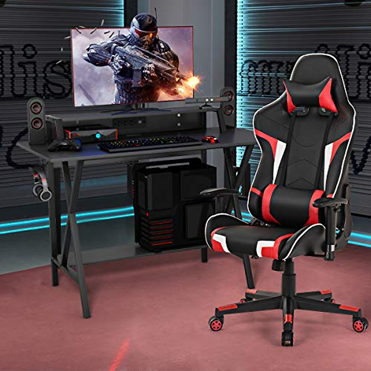 Tangkula Gaming Desk and Chair Set, Ergonomic E-Sport Gamer Desk & Racing Chair Set w/Cup Holder, Monitor Stand, Earphone Hook, Massage & Headrest, Home Office Computer Desk Chair Set (Red)