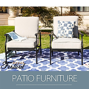 Festival Depot 2 of Outdoor Patio Bistro Armrest Chairs with Cushions Set Premium Fabric Metal Frame Furniture Set Garden Dining Seating Chair Thick & Soft Cushions (Beige)