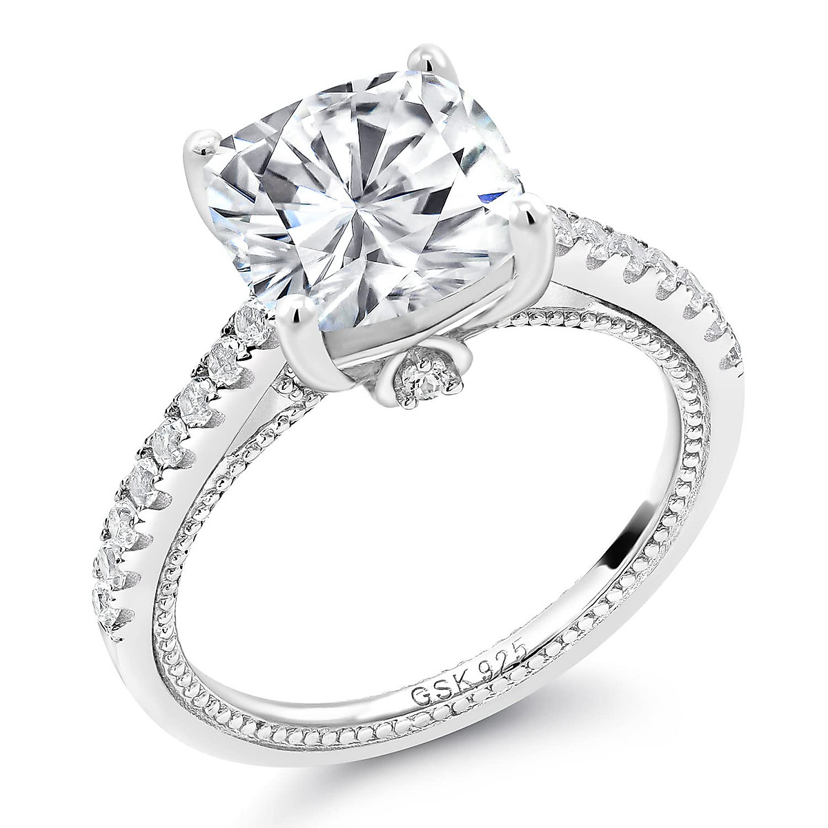 Gem Stone King 925 Sterling Silver White Created Sapphire and White Moissanite Engagement Ring For Women (5.27 Cttw, Available In Size 5, 6, 7, 8, 9)