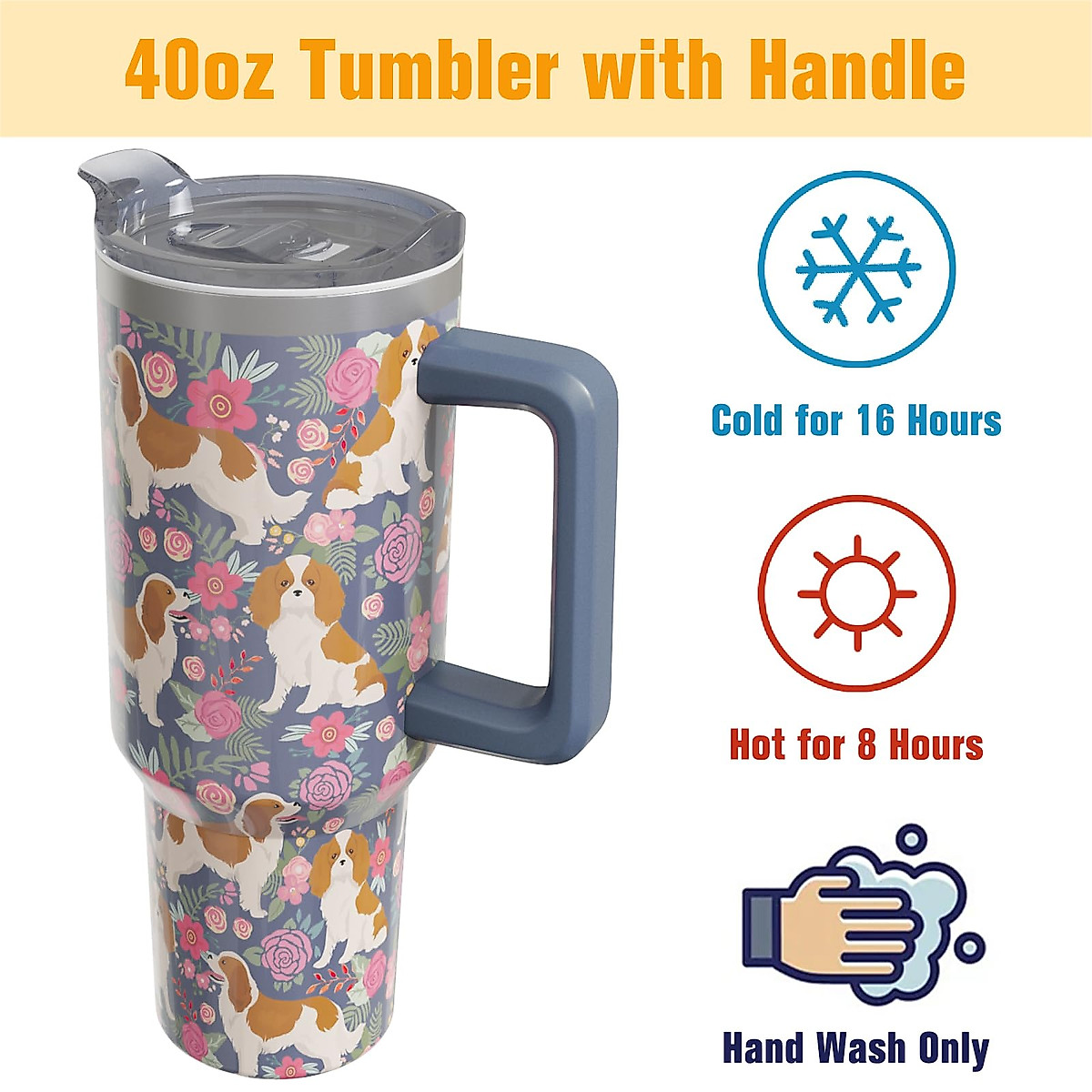 Cavalier King Charles Spaniel Gifts for Women Dog Lovers 40 oz Floral Cavalier King Charles Spaniel Tumblers with Handle and Straw, Stainless Steel Vacuum Insulated Travel Coffee Mug Cup Water Bottle
