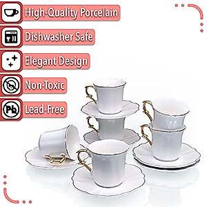 BTaT- Small Espresso Cups and Saucers, Set of 6 Demitasse Cups (2.4 oz) with Gold Trim and Gift Box, Small Coffee Cup, White Espresso Cup, Turkish Coffee Cup, Porcelain Espresso Cup