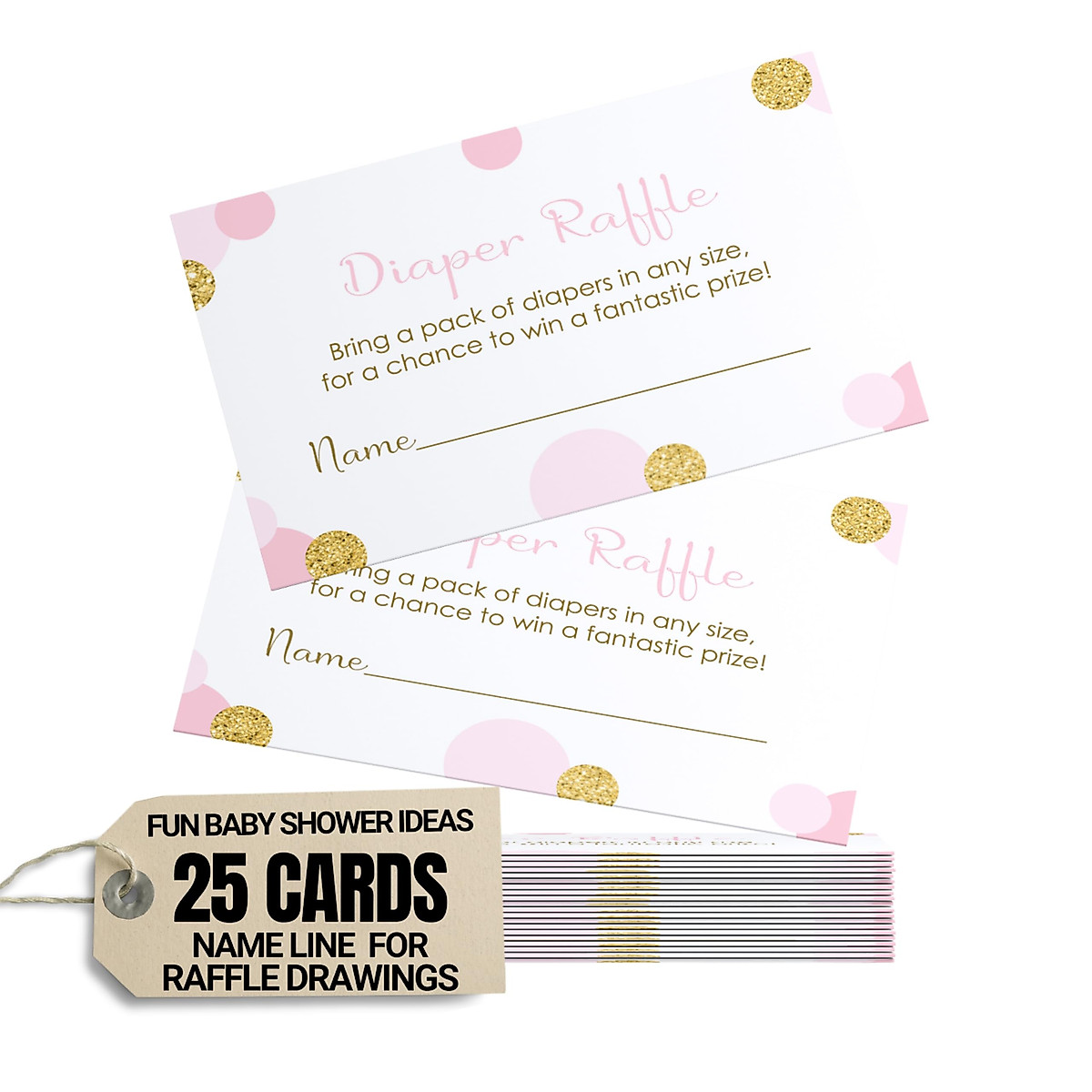 Pink and Gold Diaper Raffle Tickets, Girls Baby Shower Games for Prizes, Baby Shower Diaper Raffle Invitation Insert Cards, 25 Pack