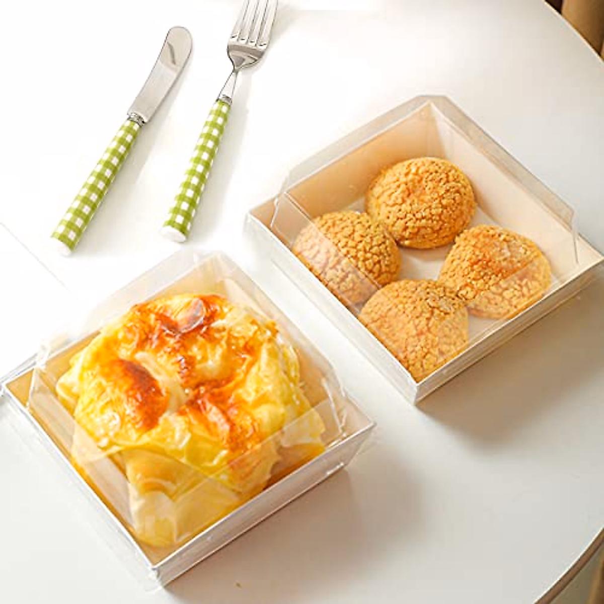 Hiceeden Set of 100 Sandwich Boxes with Clear Lids, White Paper Charcuterie Boxes, 5" Square Dessert Cake Boxes Food Grade for Swiss Roll, Hamburger, Pasta, Salad, Cookie