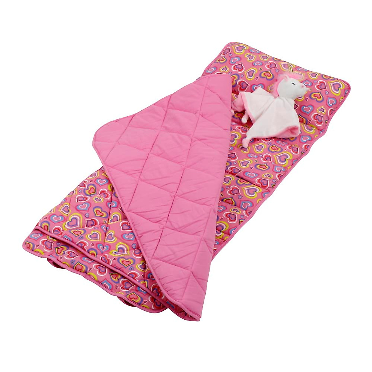 Emily Rose Rollup Toddler Kids Sleeping Nap Cot Mat | Removable Pillow & Unicorn Lovey Included | 100% Cotton for Daycare, Preschool, Travel Naps | Portable, Cozy, Machine Washable (Playful Hearts)