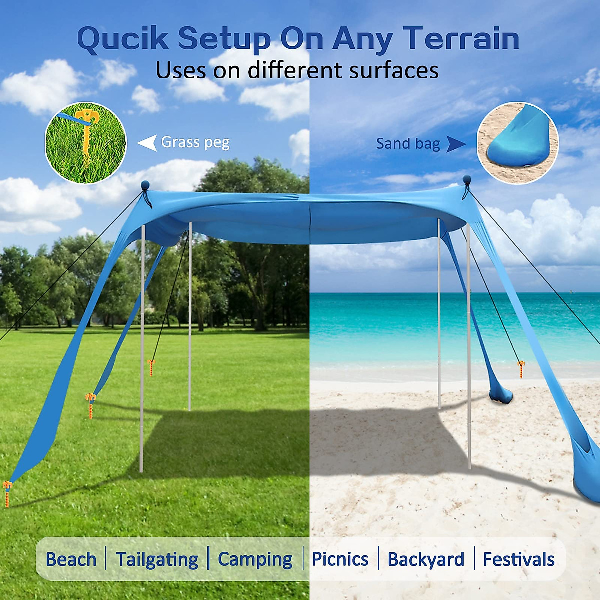 YENGIAM Beach Canopy Beach Tent UPF50+ 11x11 FT Easy to Setup Extra Windproof Rope Sun Shelter Beach Shade Canopy with 4 Stability Poles Outdoor Shade for Beach Camping Family