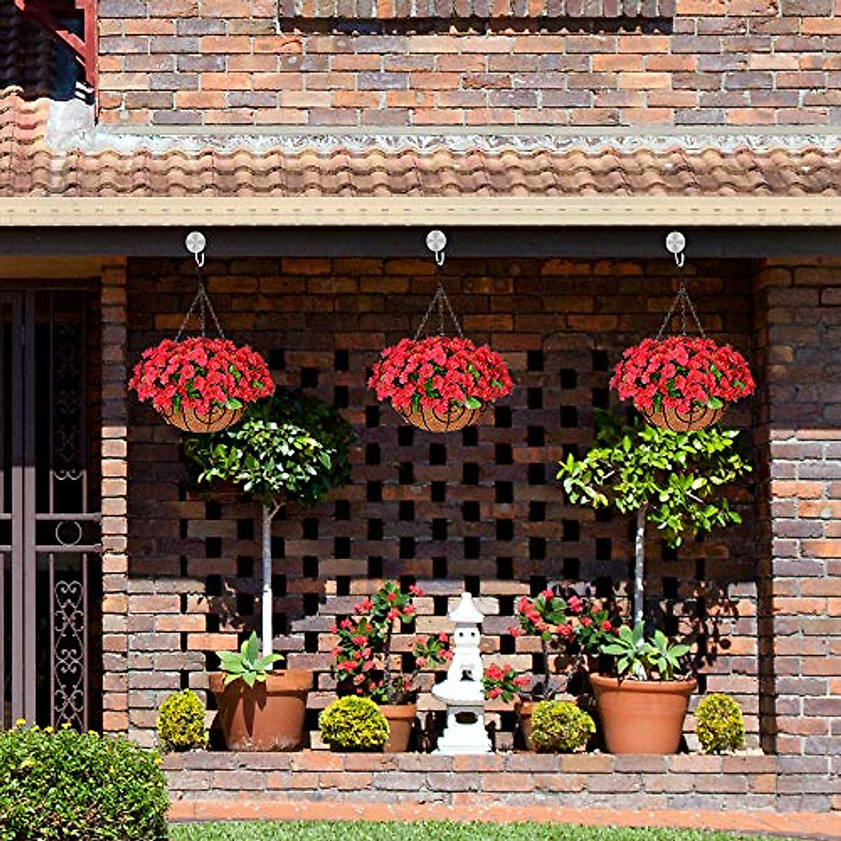 Homsunny Artificial Hanging Flowers in Basket, Silk Flower with 12 inch Flowerpot Centerpieces,Fake Hanging Plants in Coconut Lining Hanging Baskets for Outdoors Indoors Courtyard Decor (Rose red)