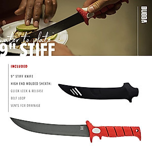 Bubba 9 Inch Stiff Fillet Knife with Non-Slip Grip Handle, Full Tang Beveled Sushi Style Stainless Steel Non-Stick Thick Blade, Lanyard Hole and Synthetic Sheath for Fishing, Hunting and Cooking