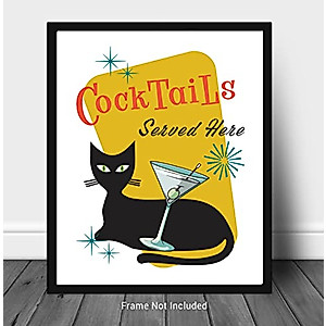 Mid Century Modern No.21 Wall Art Print - 11x14 UNFRAMED Retro Boho Aesthetic Kitchen, Bar Decor. Atomic Cat with Martini “Cocktails Served Here”