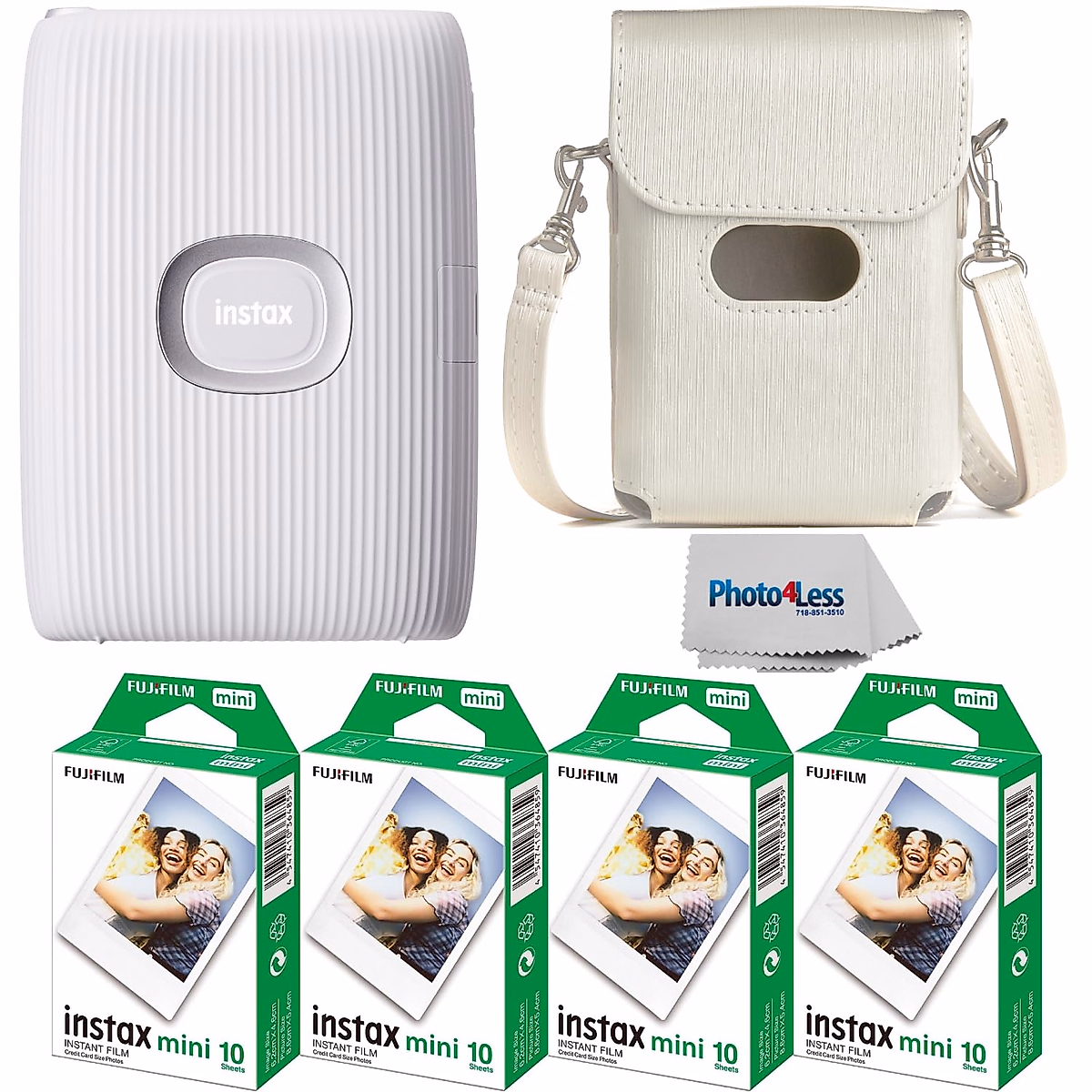 Fujifilm Instax Mini Link 2 Smartphone Printer Clay White, Fuji Instax Mini Film 40 Sheets, Protective Case, Instant Printer Bundle