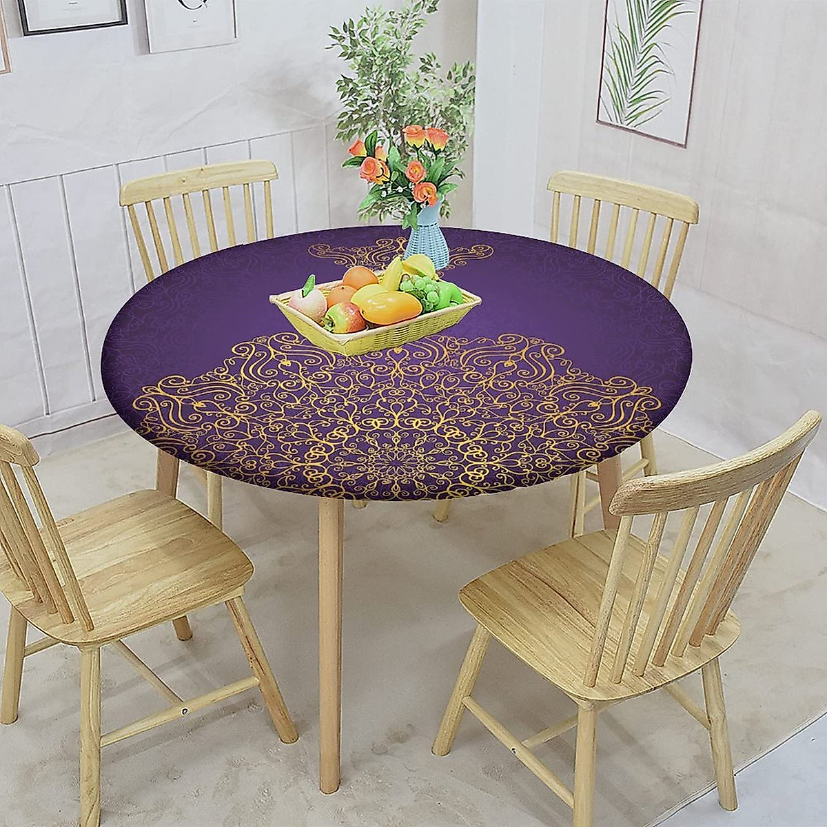 Gold Mandala Round Fitted Tablecloth with Elastic Edge,Vintage Ornament Eastern Ottoman Art Print Polyester Table Cover, xxLarge, Fit Round Tables up 65"-71" Diameter, for Kitchen Dining Party