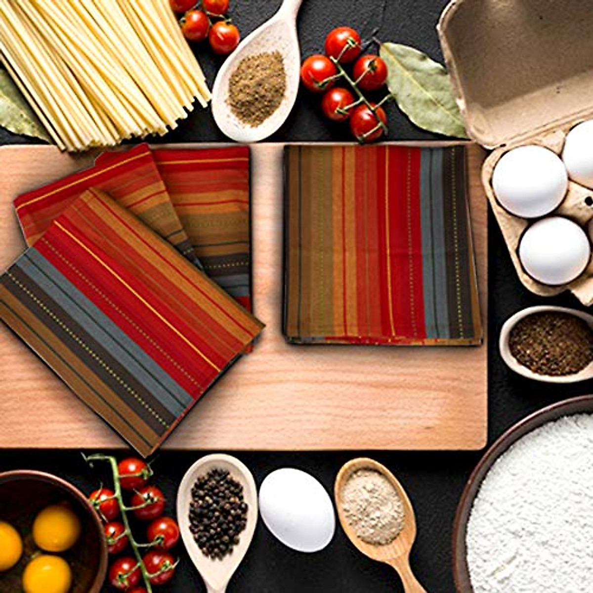 Urban Villa Kitchen Towels Cuisine Stripes Premium Quality 100% Cotton Dish Towels Mitered Corners Ultra Soft (Size: 20X30 Inch) Red Multi Highly Absorbent Bar Towels & Tea Towels - (Set of 6)