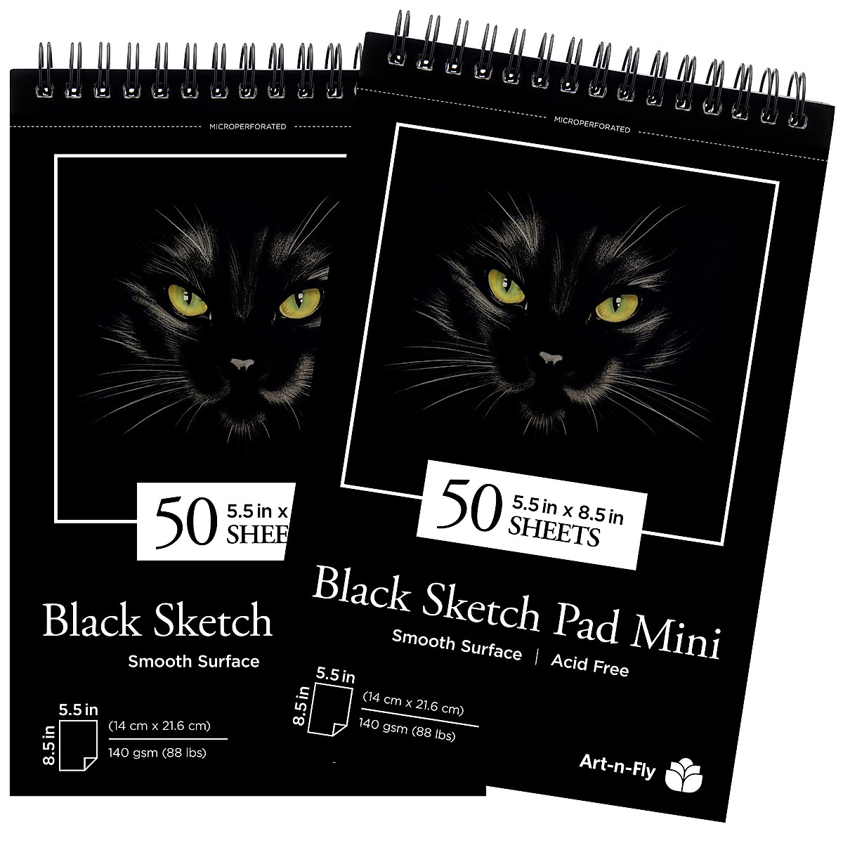 Art-N-Fly Black Sketch Pad Mini 5.5x8.5" 2 Pack - Black Paper Sketchbook for Drawings, Perforated Edge on Spiral 100 Sheets Total - Art Sketch Book for Coloured Pencils, Graphite, Pastels & Gel Pens