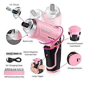 WORKPRO Pink Tool Set with 3.7V Rotatable Electric Screwdriver, 18PCS Portable Ladies Home Tool Kit with Toolbox, Cordless Electric Screwdriver Kit, Household tool kit for Dorm, Apartment -Pink Ribbon