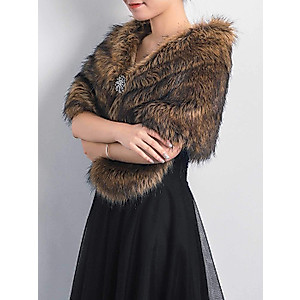 GORAIS Women's Wedding Faux Fur Shawls and Wraps Bridal Fur Scarf Stoles with Brooch for Bride and Bridesmaids (US 4-14(S-M), A Brown)