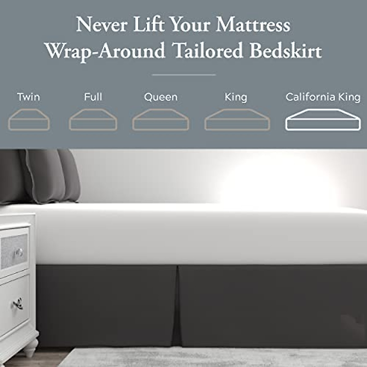 Bed Maker’s Never Lift Your Mattress Microfiber Wrap-Around Bed Skirt, Tailored Style, Classic 14 Inch Drop Length, California King, Grey