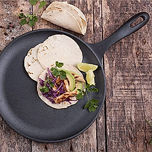 Victoria 10.5-Inch Cast Iron Comal Griddle Pan with a Long Handle, Preseasoned with Flaxseed Oil, Made in Colombia