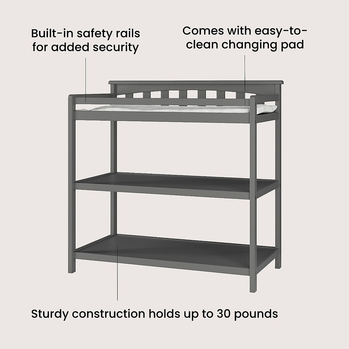 Child Craft Flat Top Infant Changing Table, Water-Resistant Pad and Safety Strap, Anti-Tip Kit Included to Prevent Tipping, Non-Toxic, Baby Safe Finish (Cool Gray)