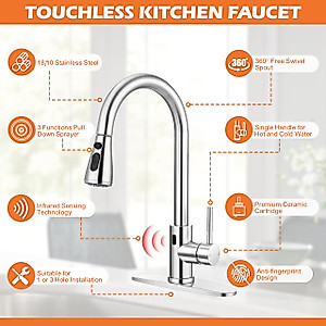 Homikit Touchless Kitchen Faucets with Pull Down Sprayer & Soap Dispenser, Automatic Motion Sensor Smart Faucet for Kitchen Sink, Brushed Nickel Single Handle Stainless Steel Faucet for Farmhouse RV