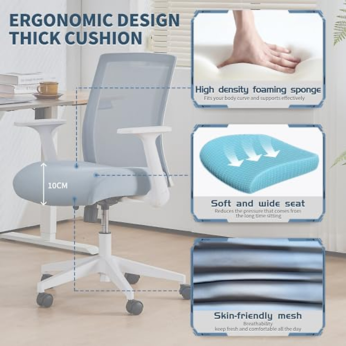 H HAILIBO Office Chair, Mesh Back Desk Chair, Swivel Ergonomic Computer Chair with Flip-Up Arms and Adjustable Height (Light Blue)