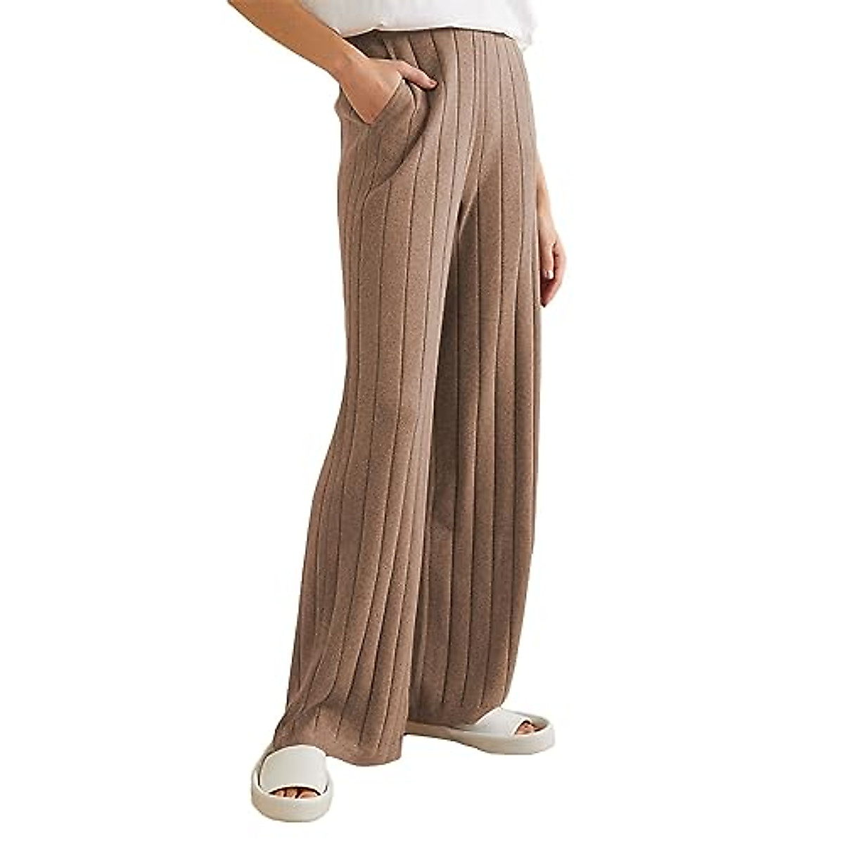 Acelitt Women Casual Ribbed Knit Pants Elastic High Waisted Trendy Fall Comfy 2023 Loose Solid Wide Leg Flowy Soft Palazzo Sweater Pants Trousers Brown XL