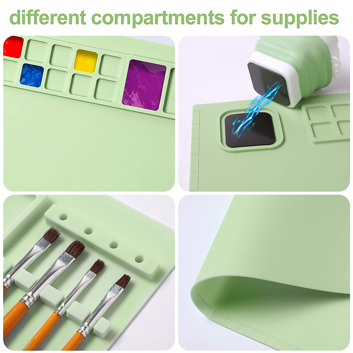 AWOKE Silicone Painting Mat - 20"X16" Silicone Art Mat with 1 Water Cup for Kids - Silcone Craft Mat has12 Color Dividers - 2 Paint Dividers (Green)