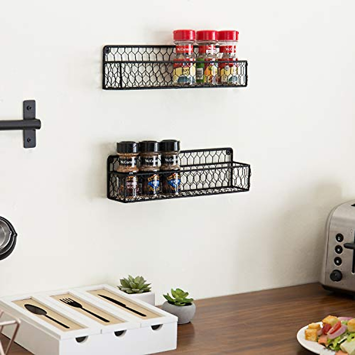 MyGift Wall Spice Racks, 12-Inch Black Chicken Wire Hanging Kitchen Seasoning Condiment Organizer Shelf, Set of 2