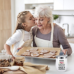 Nana Gift, Nana At Least You Don’t Have Ugly Grandchildren, Birthday Mother's Day Gift from Grandkids, Granddaughter or Grandson, Gift Idea for Grandmother, 12 oz Wine Tumbler with Gift Box (White)