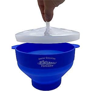 Amish Country Popcorn | Collapsible Silicone Microwave Popper with Customized ACP Logo | BPA and PVC Free Popcorn Bowl with Handles | Dishwasher Safe | Includes 2-2 oz Bags of Kernels (Blue)