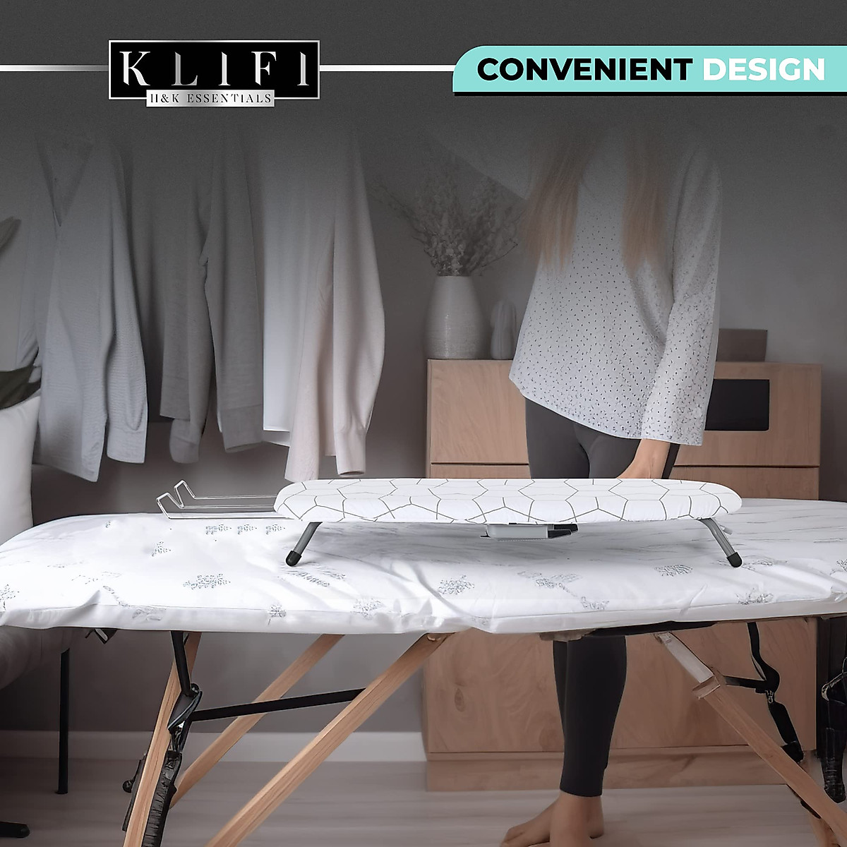 KLIFI Small Ironing Board Hanger Wall Mount Table Top Iron Board with Adjustable Legs Foldable with Built-in Iron Rest, Ironing Cloth Compact and Lightweight - Grey