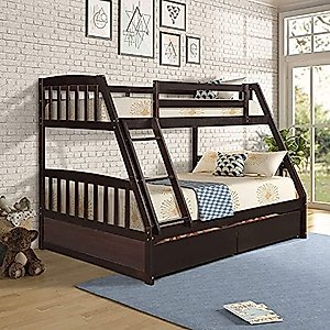 STP-Y Bunk Bed, Bunk Bed Junior Similitude Twin-Over-Full Bed Solid Wood with Two Storage Drawers Similitude Bunk Bed Heavy Duty Bed with Ladder and Guard Rail Space-Saving Design Detachable Low Bed