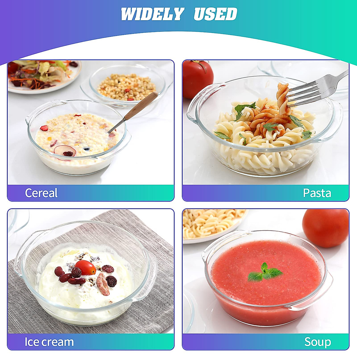 Glass Soup Bowl with Handles Lid Glass Cereal Bowls Clear Oatmeal Bowl Small Glass Bowl for Breakfast Cooking,Small Casserole Dish Round Baking Dish with Lid, Microwave, Dishwasher, Oven, Stove Safe