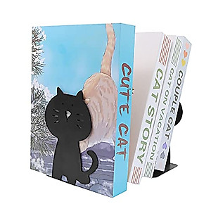Cat Bookends, Cute and Thickening Metal, Sturdy Durable, Book Organizer for Library School Office Home Study 1 Pair (Black)