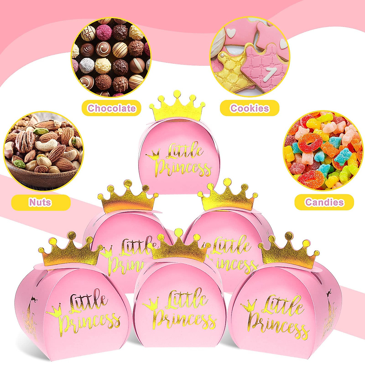36 Pack Pink Little Princess Candy Boxes Printed Gold Castle and Crown Baby Shower Favors Goodie Treat Boxes Charming Princess Birthday Party Favor Boxes for Baby Girls Party Favors Supplies