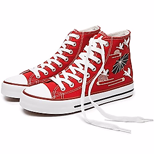 hash bubbie Women's High top Sneakers Classic High Tops Canvas Shoes for Women Lace up Tennis Shoes Fashion Canvas Sneakers Casual Shoes for Walking（ Red Embroidery.US9）