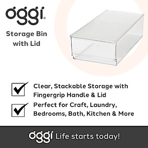 Oggi Clear Stackable Storage Bin with Lid - Ideal for Kitchen, Pantry, Cabinet, Bathroom, Bedroom, Kids, Refrigerator, Freezer. With Handles - Organize Jars, Packets, Snacks, Pasta - 12x4x4