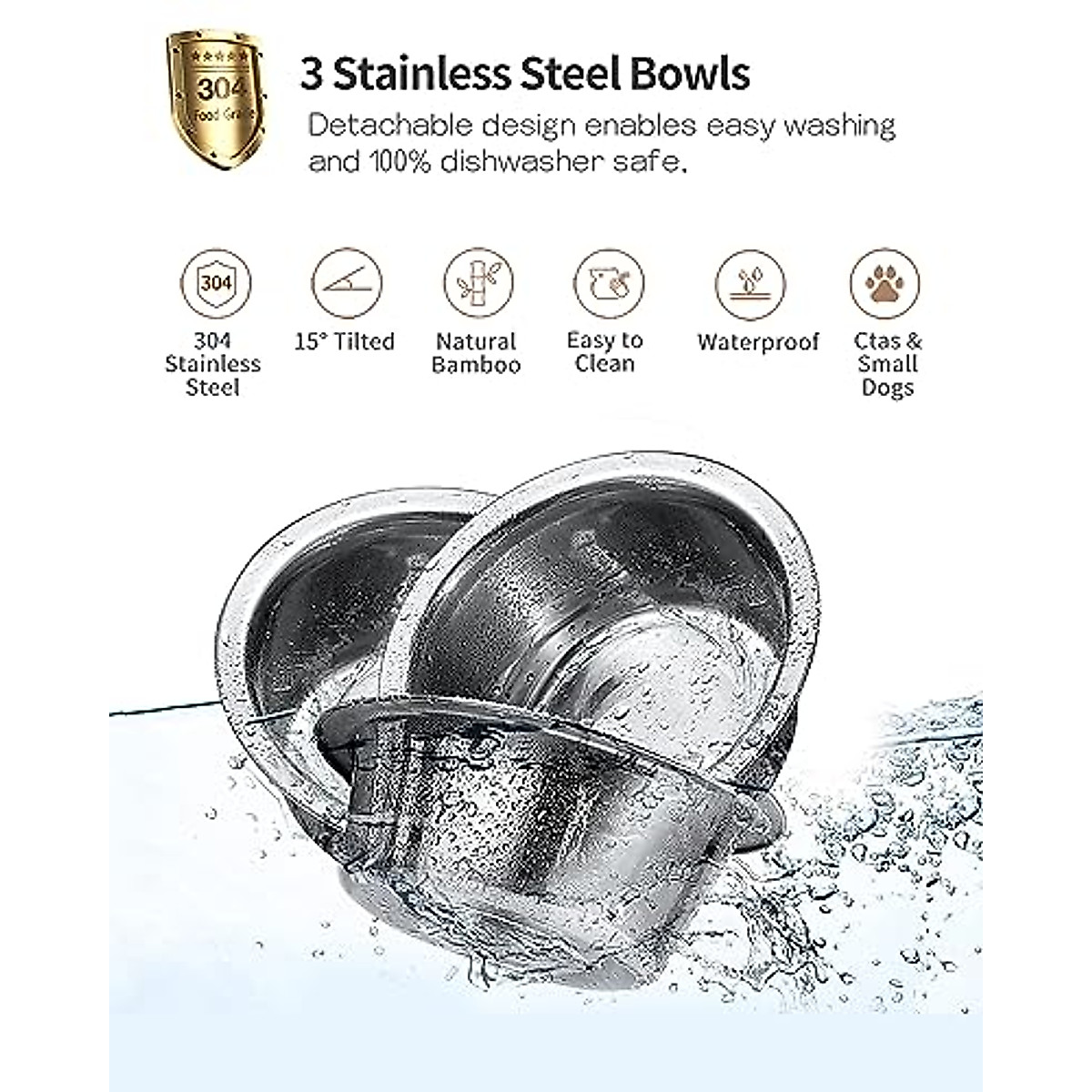 JAZUIHA Elevated Cat Bowls, Raised Cat Food Bowl Set Stainless Pet Dishes Feeder with Wooden Stand, Food and Water Bowl for Cat and Small Dog (Wood Color)