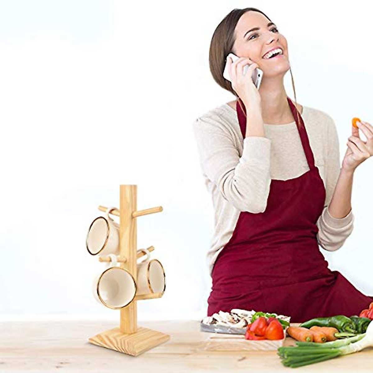 STORE INDYA Wooden tea coffee mug display stand 6 Hook