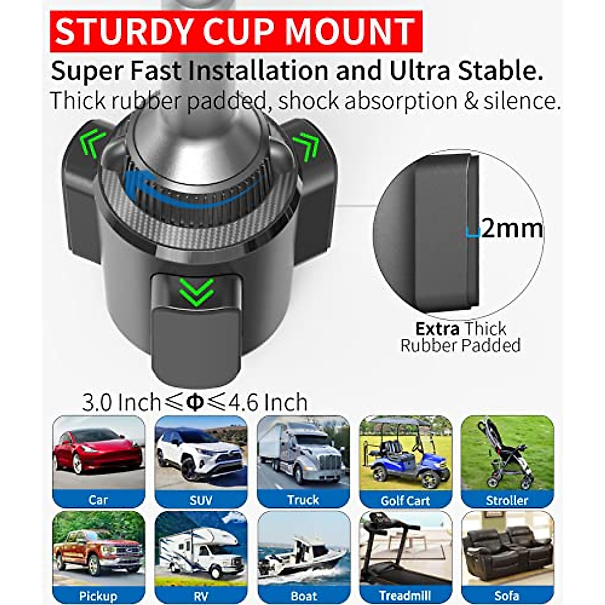 APPS2Car Solid Cup Holder Phone Mount for Car Truck with Quick Extension Long Arm Fast Swivel Adjustable Height 360 Rotatable, Low Profile Universal Mobile Mount Compatible with All Cell Phone iPhone