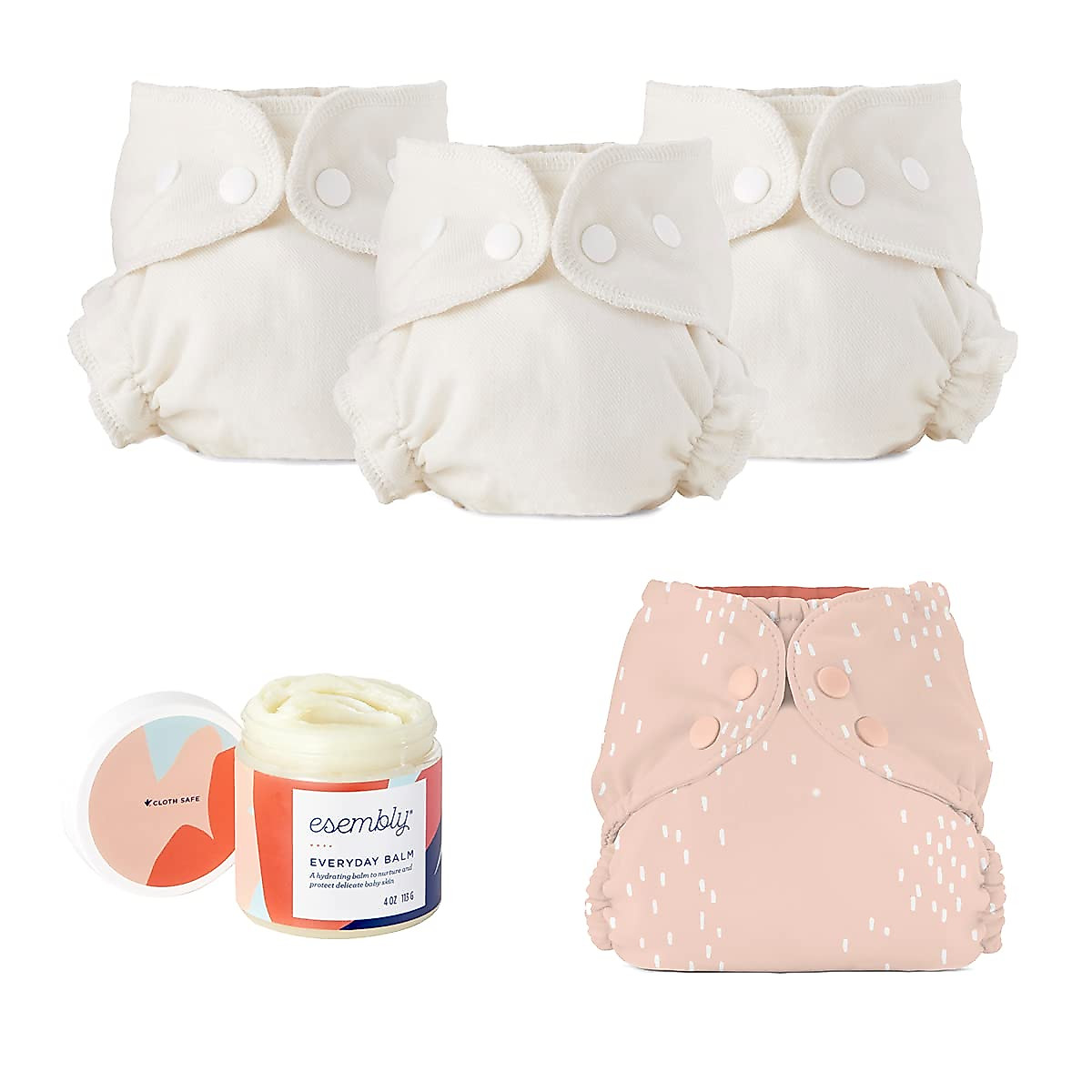 Esembly Cloth Diaper Inner (3 Pack) and Waterproof Cloth Diaper Outer Cover (Confetti), Size 1 - with Everyday Balm Diaper Cream (4 oz) - Overnight Diapers Set for Babies