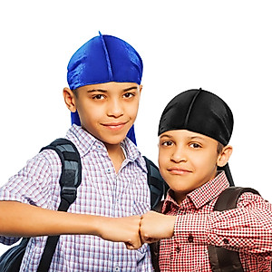 2 Pieces Velvet Baby Durags Kids Durag Caps 360 Wave Wide Strap Headwraps Long Tail Turban Beanies for Boys Girls (Black, Royal Blue)