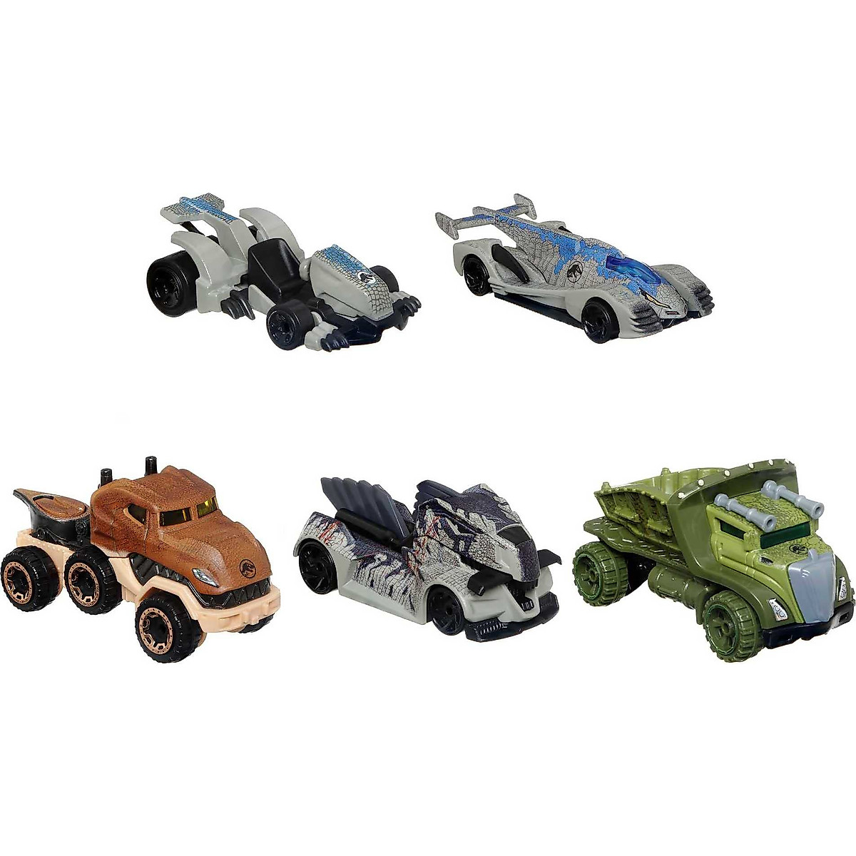 Hot Wheels Jurassic World Dominion Toy Character Cars 5-Pack in 1:64 Scale: Beta, Giganotosaurus, T-Rex, Triceratops & Velociraptor