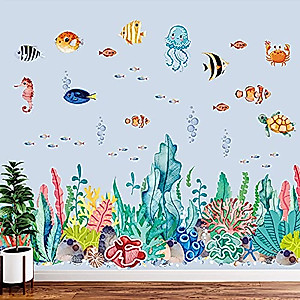 2 Sheets Large Under The Sea Wall Decals Ocean Creature Sea Life Stickers Removable Seaweed Sea Turtle Jellyfish Fish Ocean Grass Decor for Kids Baby Nursery Bedroom Playroom Bathroom Living Room
