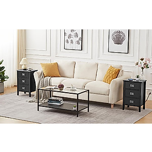 VECELO Nightstands Set of 2 with Charging Station End Bedside Tables with 3 Storage for Bedroom, Living Room, Vintage Accent Furniture, Solid Wood Legs, Three Drawers, Black