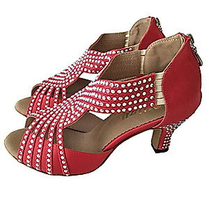 Womens Latin Salsa Dance Shoe 2.5 Inches Cuban Heel Open Toe Ballroom Sexy Evening Socials Indoor Soft Sole Party Dancing Sandals with Rhinestones (Red, Numeric_10)