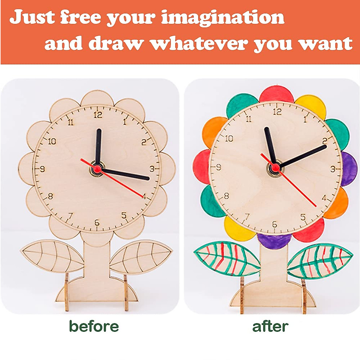 Pica Toys Wooden DIY Desk Clock for Kids - 5 inches Silent Non Ticking Battery Operated - School Project, Bedroom Decor, Creative Art Kit for Boys and Girls Age 8 9 10 11 12 13 14
