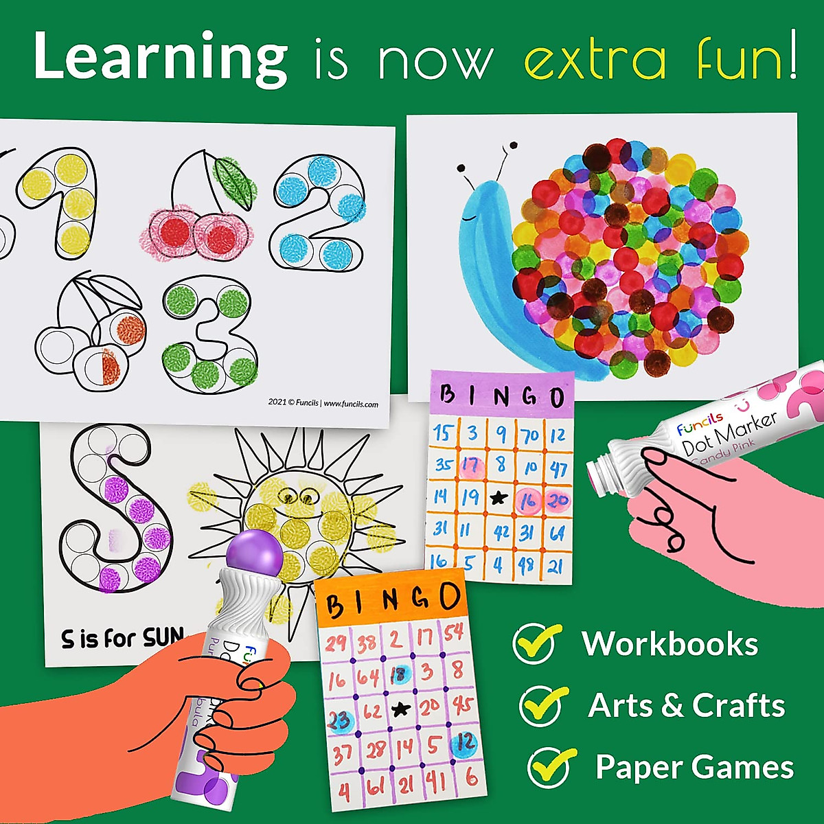 Funcils 10 Washable Dot Markers for Toddlers - Non Toxic Paint Dotters & Bingo Markers - Dot Markers for Kids & Preschoolers | Dabber Markers for Kids | Fun Dot Art Supplies with 50 Activity Sheets