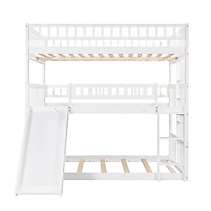 Triple Bunk Bed with Slide, Full Over Full Over Full Bunk Bed Convertible Triple Beds for Kids/Teens/Adults, White